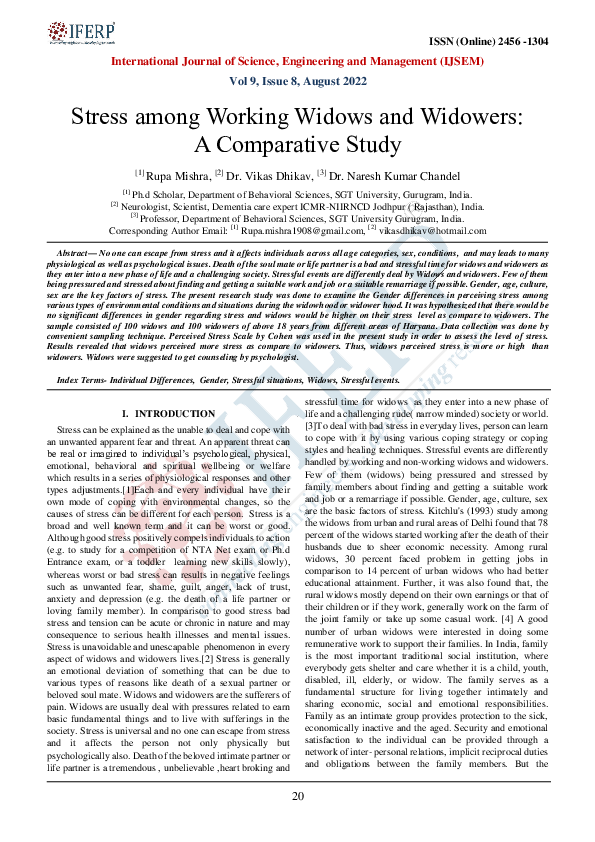 (PDF) Stress among Working Widows and Widowers: A Comparative Study