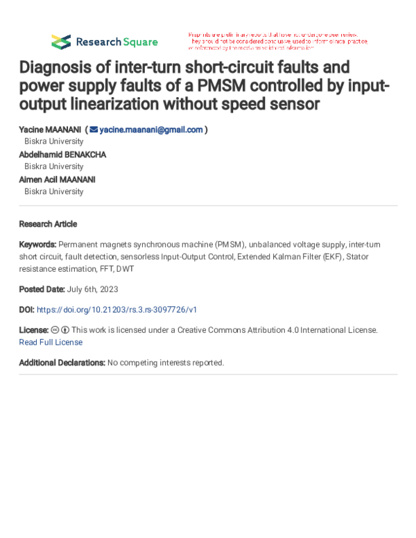 Pdf Diagnosis Of Inter Turn Short Circuit Faults And Power Supply