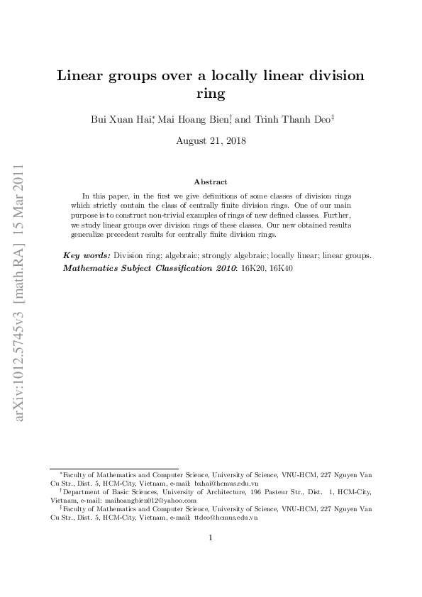 (PDF) Linear groups over a locally linear division ring