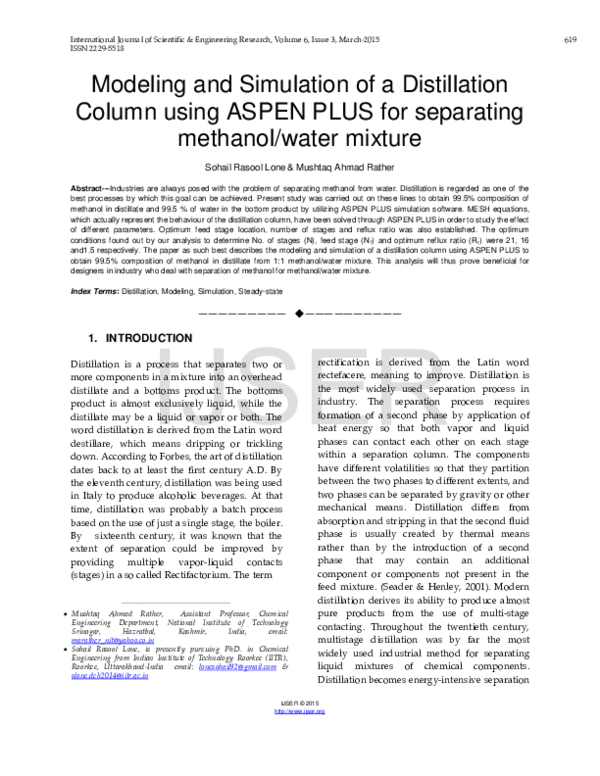 (PDF) Modeling and Simulation of a Distillation Column using ASPEN PLUS for separating methanol ...