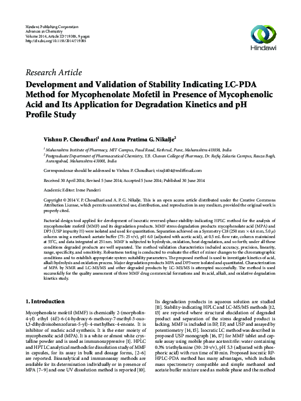 (PDF) Development and Validation of Stability Indicating LC-PDA Method for Mycophenolate Mofetil ...