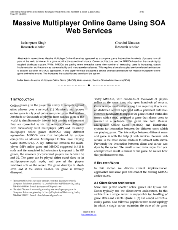 (PDF) Massive Multiplayer Online Game Using SOA Web Services | jashanpreet singh - Academia.edu