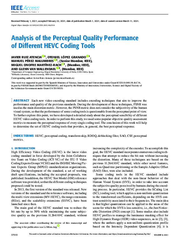 (PDF) Analysis of the Perceptual Quality Performance of Different HEVC Coding Tools