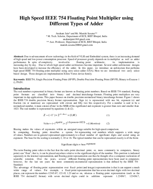 (PDF) High Speed IEEE 754 Floating Point Multiplier using Different Types of Adder