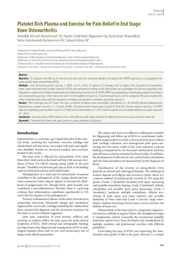 (PDF) Platelet rich plasma and exercise for pain relief in end stage ...