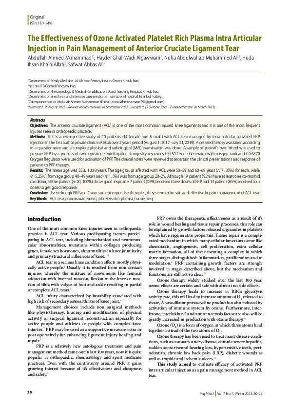 (PDF) The effectiveness of Ozone activated Platelet Rich Plasma intra ...