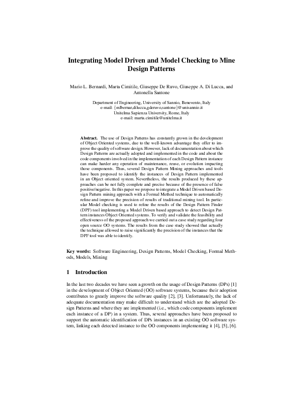 (PDF) Integrating Model Driven and Model Checking to Mine Design Patterns | marta cimitile ...