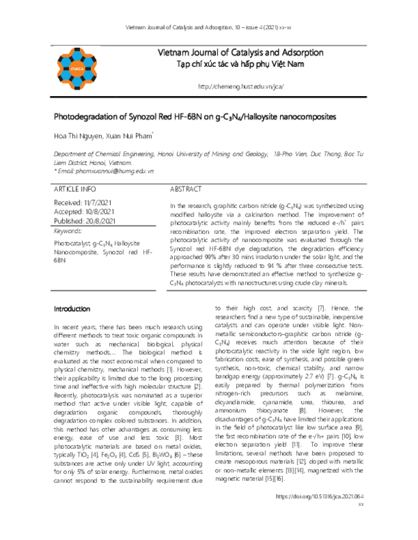 (PDF) Photodegradation of Synozol Red HF-6BN on g-C3N4/Halloysite ...