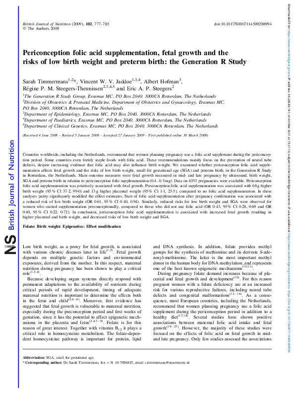(PDF) Periconception folic acid supplementation, fetal growth and the ...