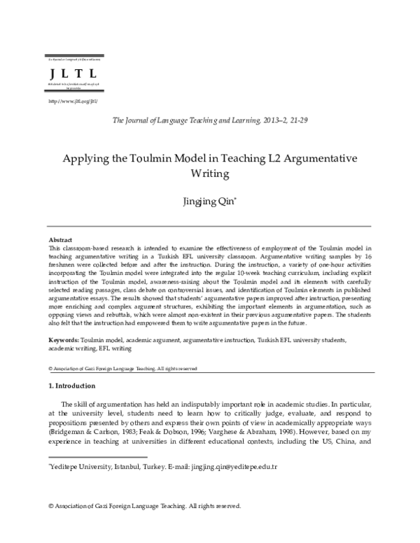 (PDF) Applying Toulmin Model in Teaching L2 Argumentative Writing