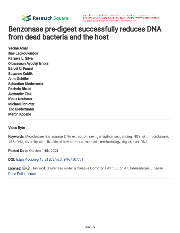 (PDF) Benzonase pre-digest successfully reduces DNA from dead bacteria ...