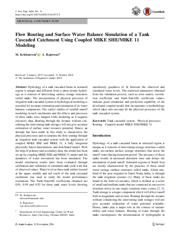 (PDF) Flow Routing and Surface Water Balance Simulation of a Tank Cascaded Catchment Using ...