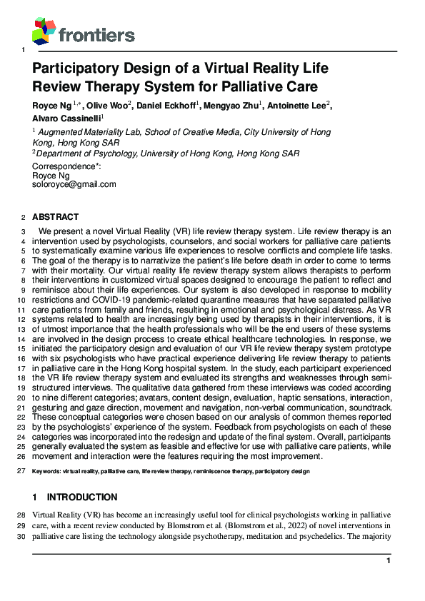 (PDF) Participatory Design of a Virtual Reality Life Review Therapy System for Palliative Care