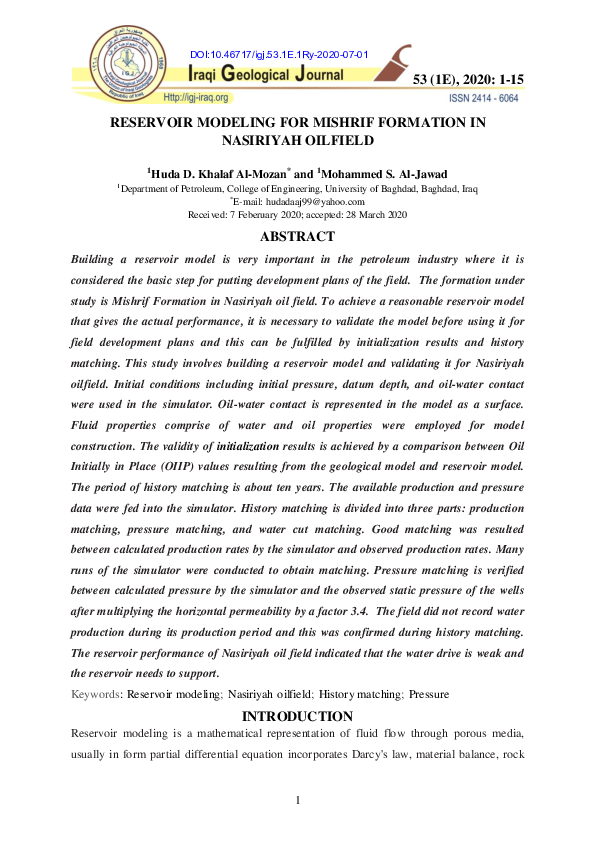(PDF) Reservoir Modeling for Mishrif Formation in Nasiriyah Oilfield