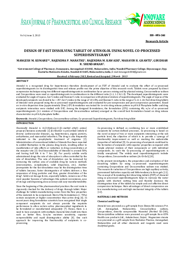 Pdf Research Article Design Of Fast Dissolving Tablet Of Atenolol Using Novel Co Processed