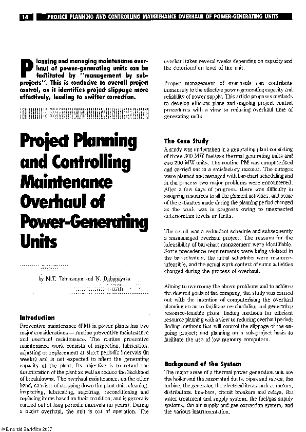 (PDF) Project Planning and Controlling Maintenance Overhaul of Power‐Generating Units