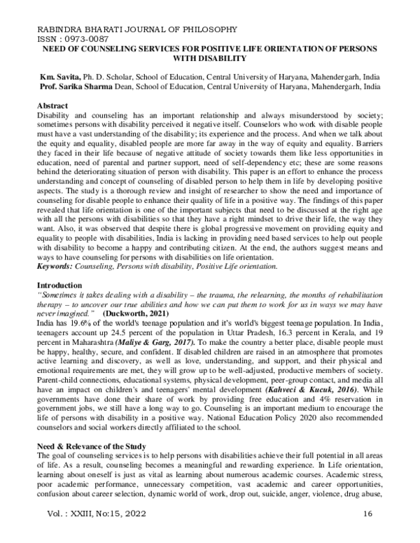 (PDF) NEED OF COUNSELING SERVICES FOR POSITIVE LIFE ORIENTATION OF ...