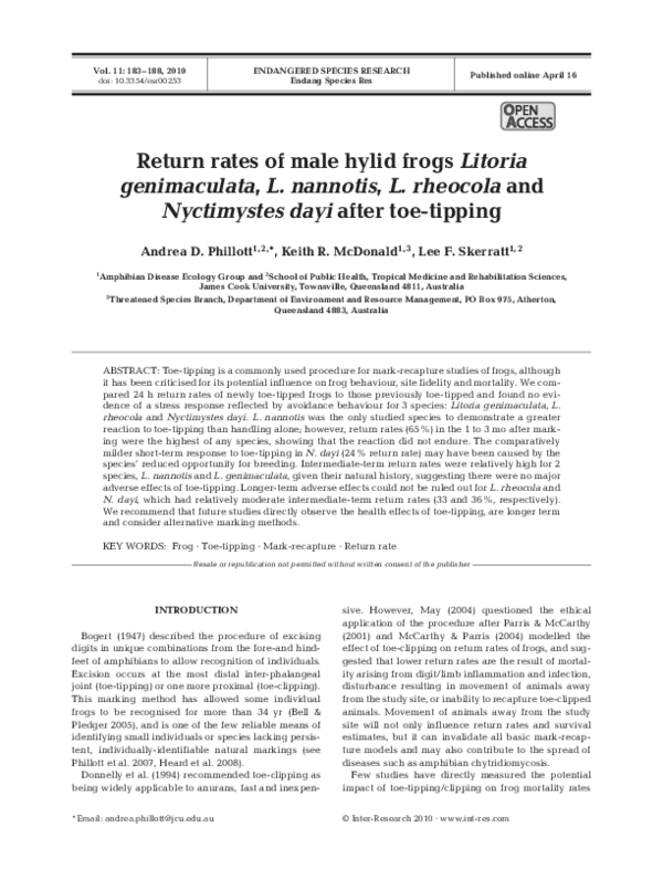 (PDF) Return rates of male hylid frogs Litoria genimaculata, L ...