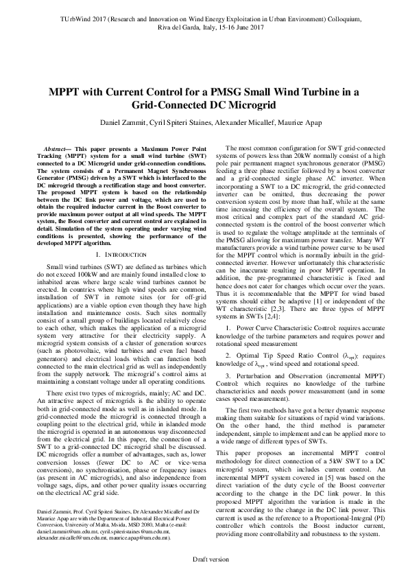 (PDF) MPPT with Current Control for a PMSG Small Wind Turbine in a Grid-Connected DC Microgrid