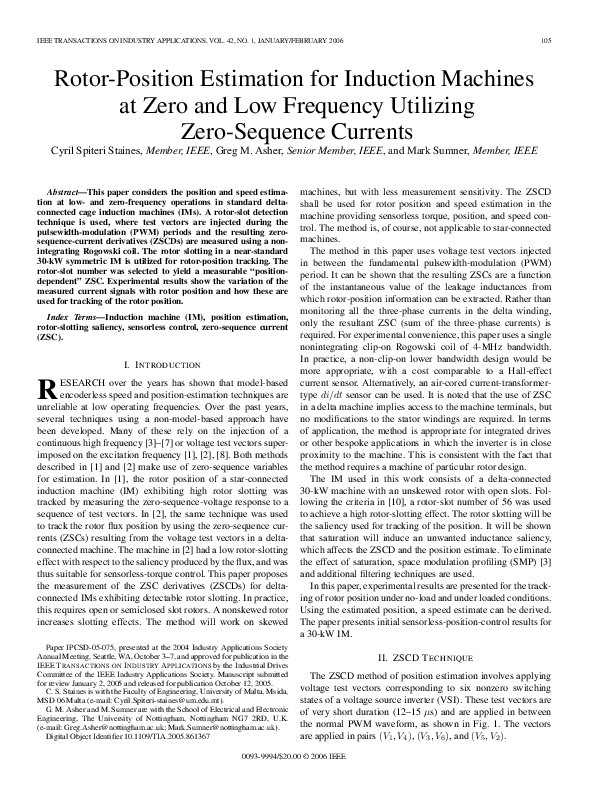 (PDF) Rotor-position estimation for induction machines at zero and low ...