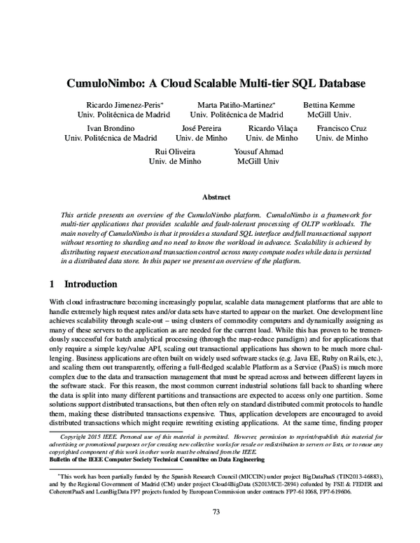 (PDF) CumuloNimbo: a cloud scalable multi-tier SQL database