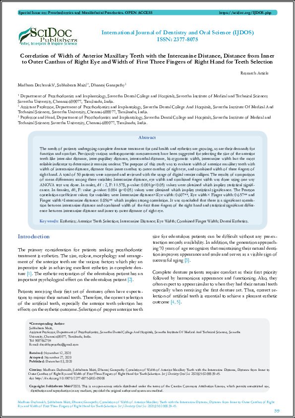 (PDF) Correlation of Width of Anterior Maxillary Teeth with the ...