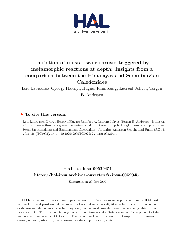 Pdf Initiation Of Crustal Scale Thrusts Triggered By Metamorphic Reactions At Depth Insights