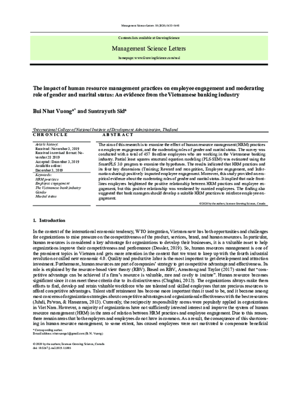 (PDF) The impact of human resource management practices on employee engagement and moderating ...
