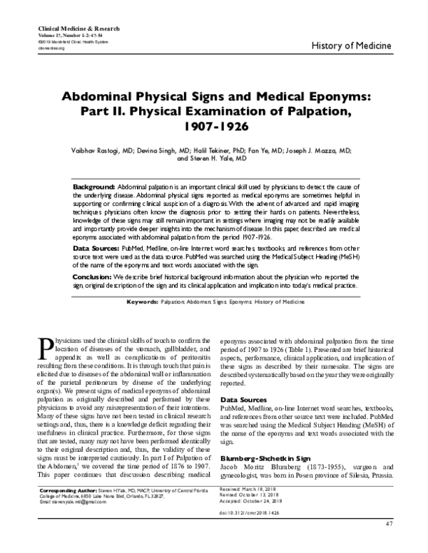 (PDF) Abdominal Physical Signs and Medical Eponyms: Part II. Physical ...
