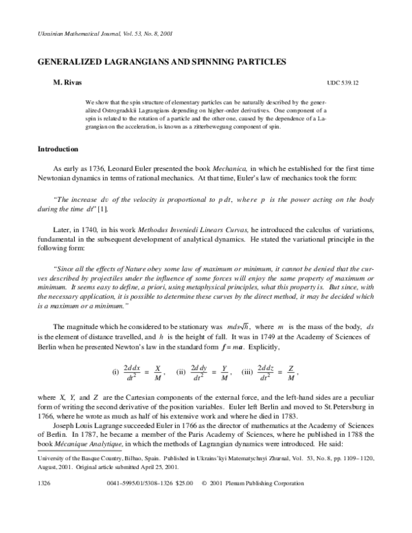 (PDF) Generalized Lagrangians and Spinning Particles