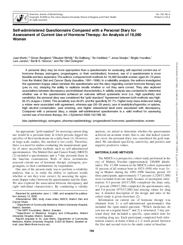 (PDF) Self-administered Questionnaire Compared with a Personal Diary ...