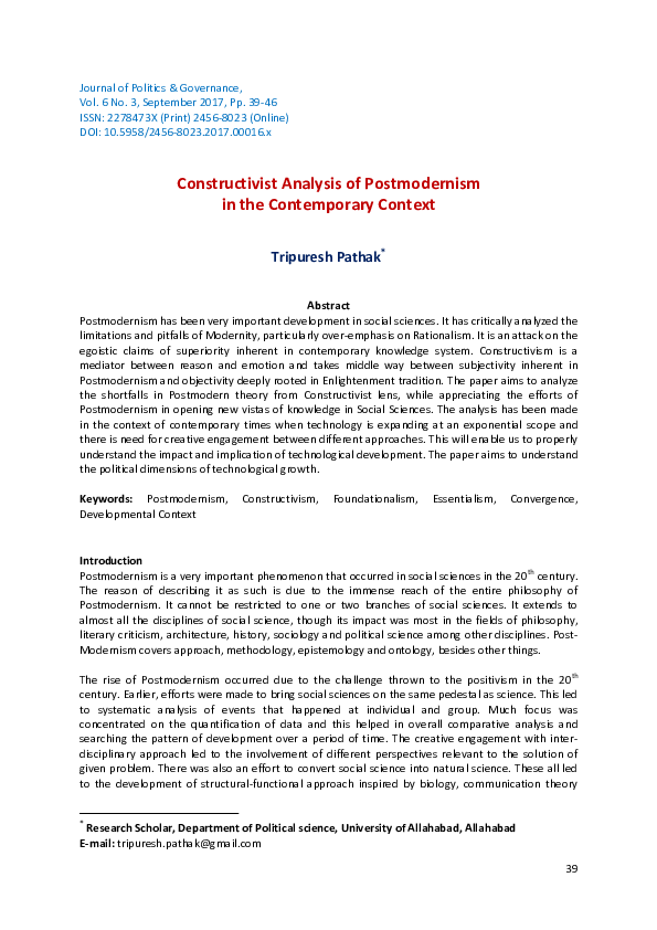 (PDF) Constructivist Analysis of Postmodernism in the Contemporary Context