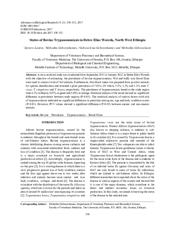 (PDF) Status of Bovine Trypanosomiasis in Debre Elias Woreda, North ...
