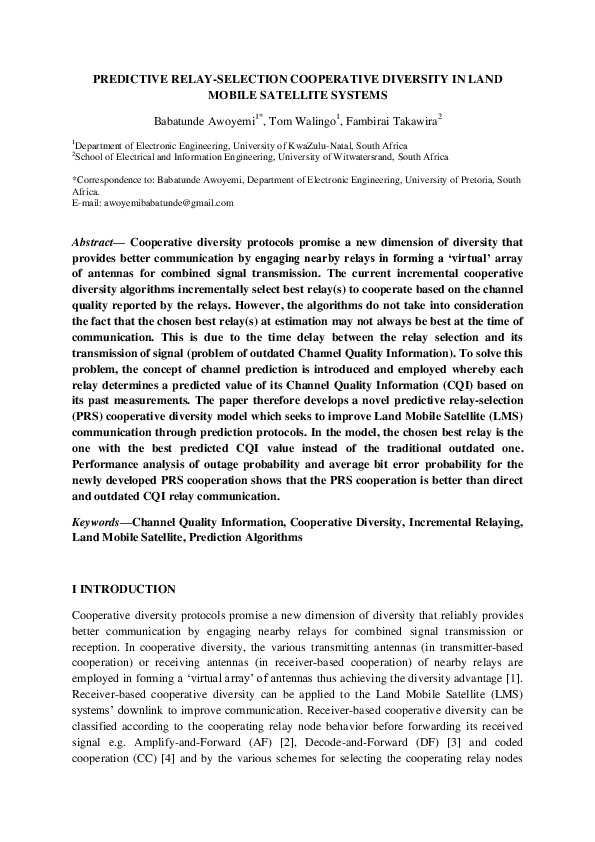 Pdf Relay Selection Cooperative Diversity In Land Mobile Satellite