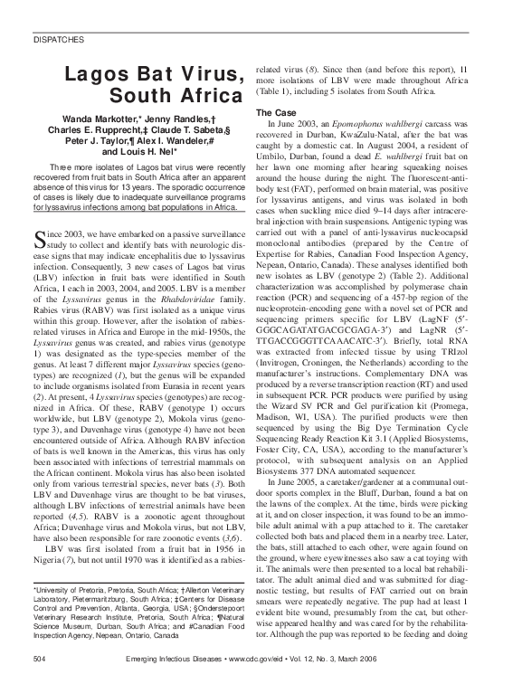 (PDF) Lagos Bat Virus, South Africa