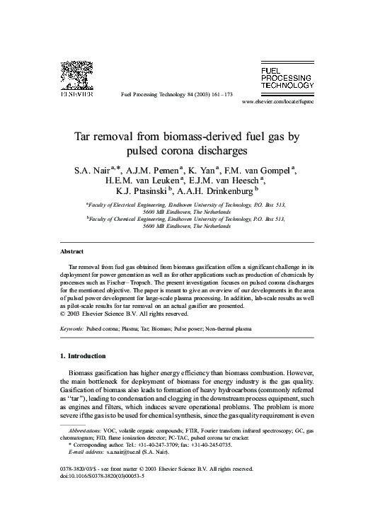 (PDF) Tar removal from biomass-derived fuel gas by pulsed corona discharges
