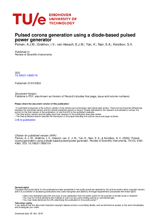 (PDF) Pulsed corona generation using a diode-based pulsed power generator