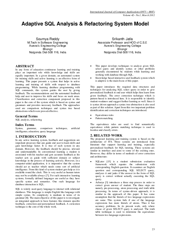 (PDF) Adaptive SQL Analysis Refactoring System Model