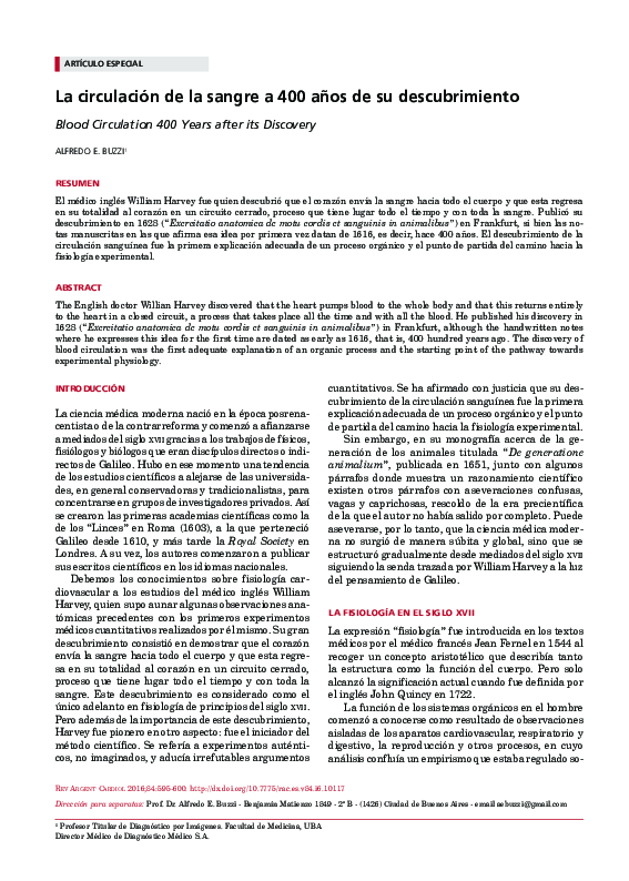 (PDF) Blood Circulation 400 Years after its Discovery