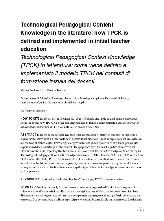 (PDF) Technological Pedagogical Content Knowledge in the literature: how TPCK is defined and ...