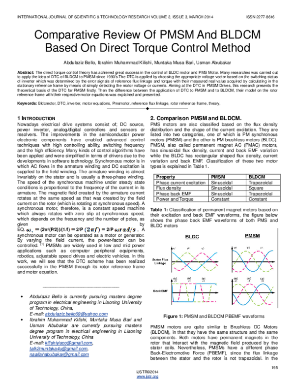(PDF) Comparative Review Of PMSM And BLDCM Based On Direct Torque Control Method
