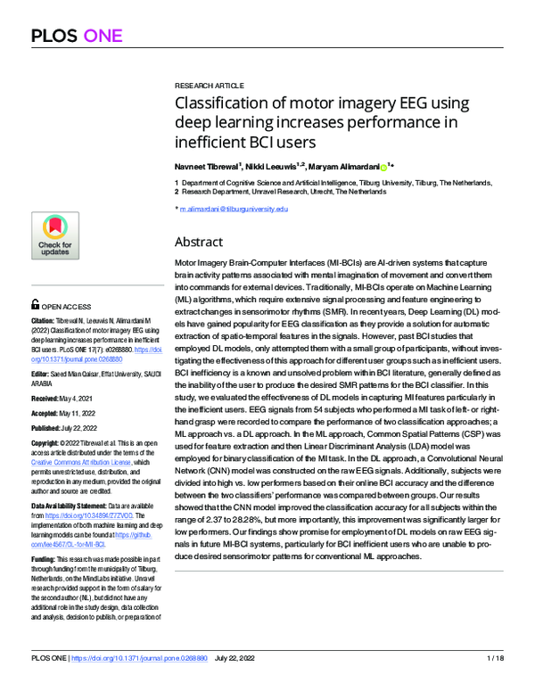 (PDF) Classification of motor imagery EEG using deep learning increases performance in ...
