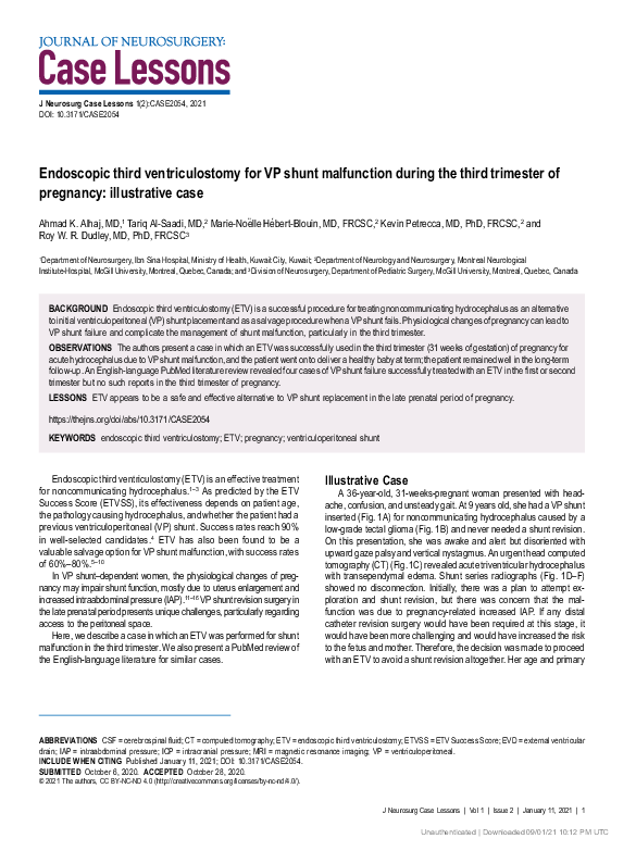 (PDF) ETV for VP Shunt Malfunction in Late Pregnancy