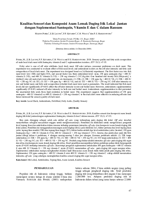 (PDF) Sensory quality and fatty acids composition of male local duck ...