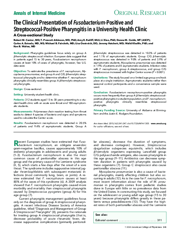 (PDF) The Clinical Presentation of Fusobacterium-Positive and Streptococcal-Positive Pharyngitis ...