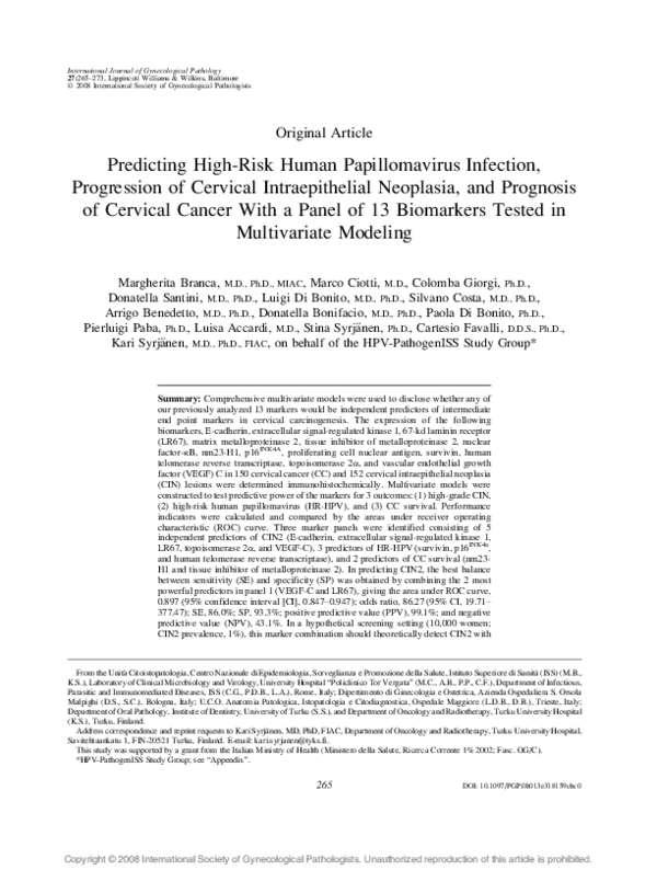 (PDF) Predicting High-Risk Human Papillomavirus Infection, Progression of Cervical ...