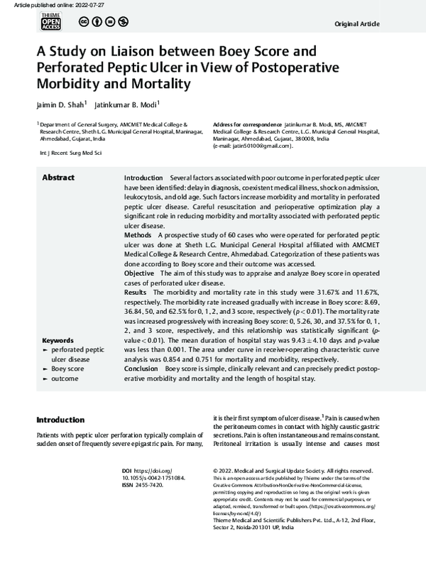 (PDF) A Study on Liaison between Boey Score and Perforated Peptic Ulcer ...