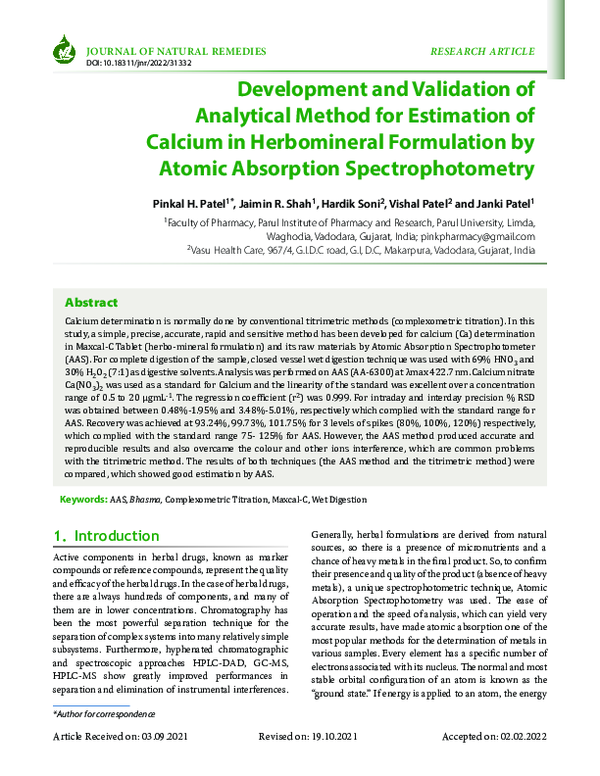 Pdf Development And Validation Of Analytical Method For Estimation Of Calcium In Herbomineral