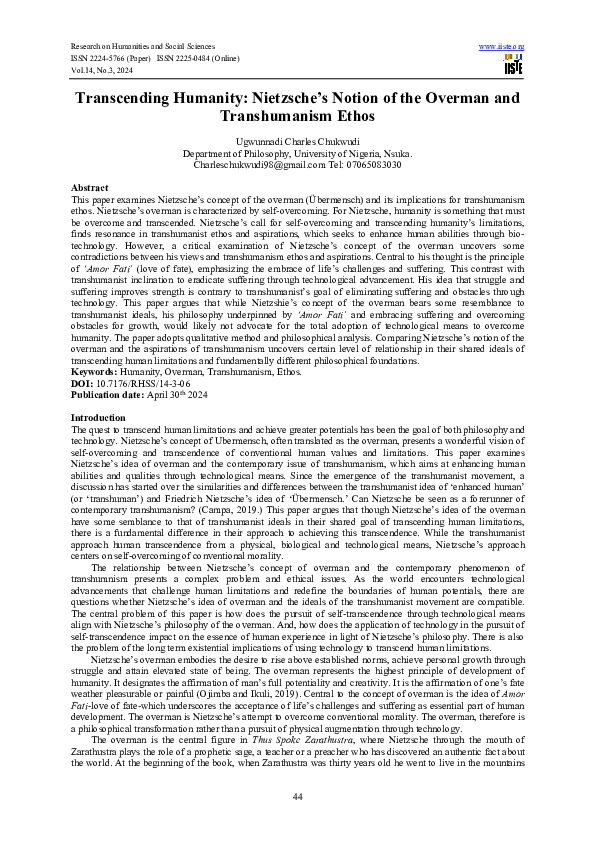 (PDF) Transcending Humanity: Nietzsche's Notion of the Overman and ...