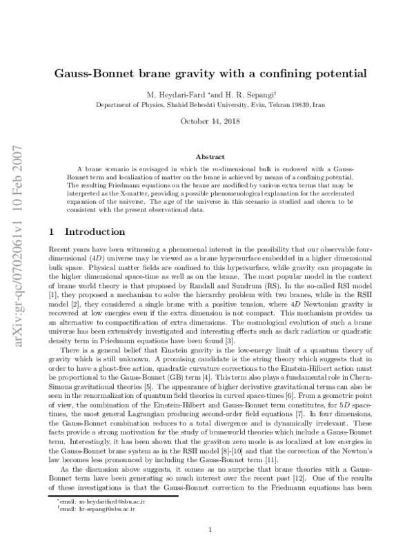 (PDF) Gauss-Bonnet brane gravity with a confining potential
